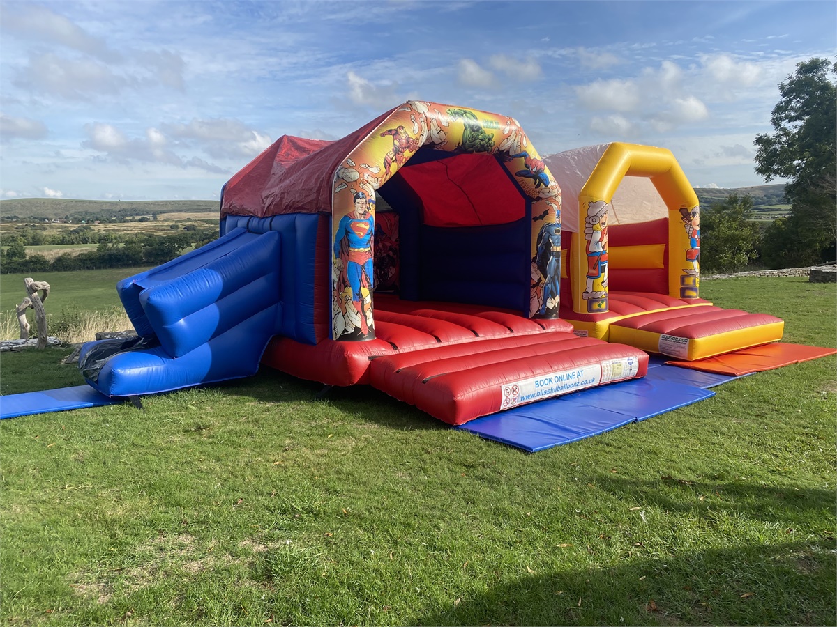Super Hero Bouncy Castle with Slide - Hire, Balloon Displays, Bouncy ...